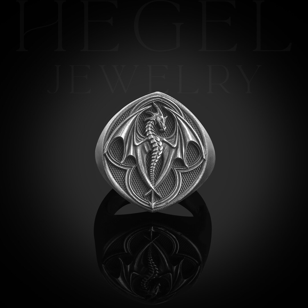 Tribal Dragon Gothic Mens Signet Ring, Male Goth Ring in Oxidized ...