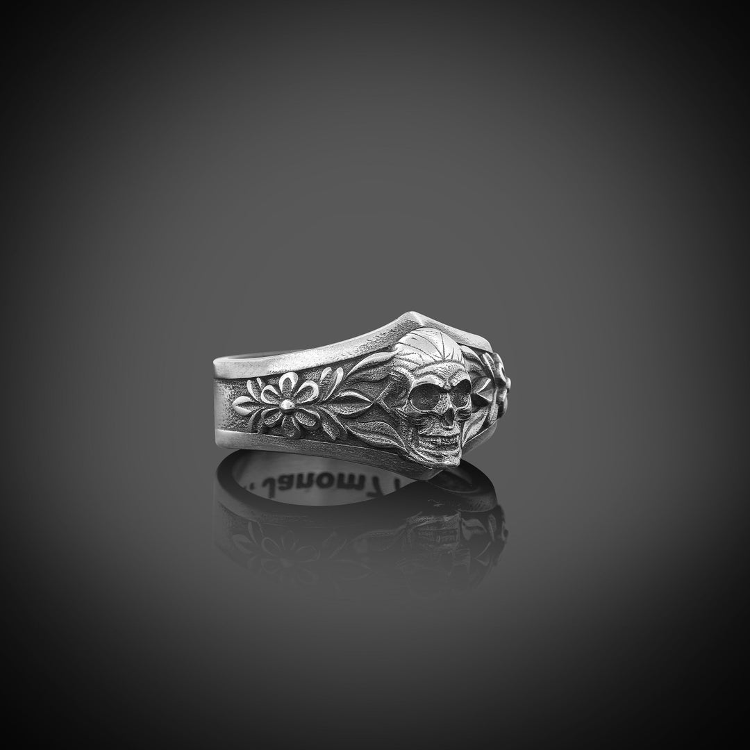 Flower Skull Ring, Silver Gothic Jewelry, Personalized Men's Biker Gift ...