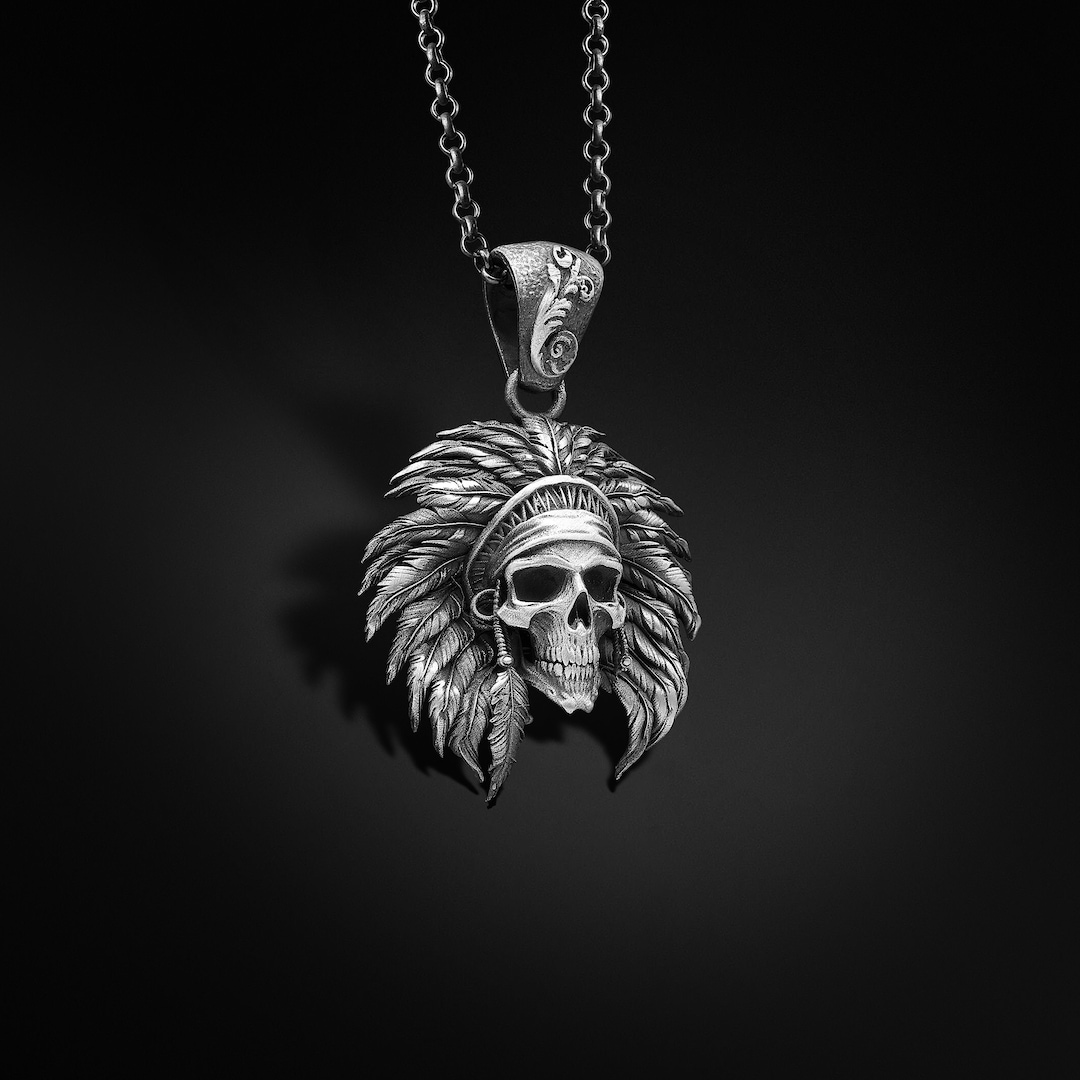 American Native Skull Unique Goth Coin Necklace for Men in Silver ...