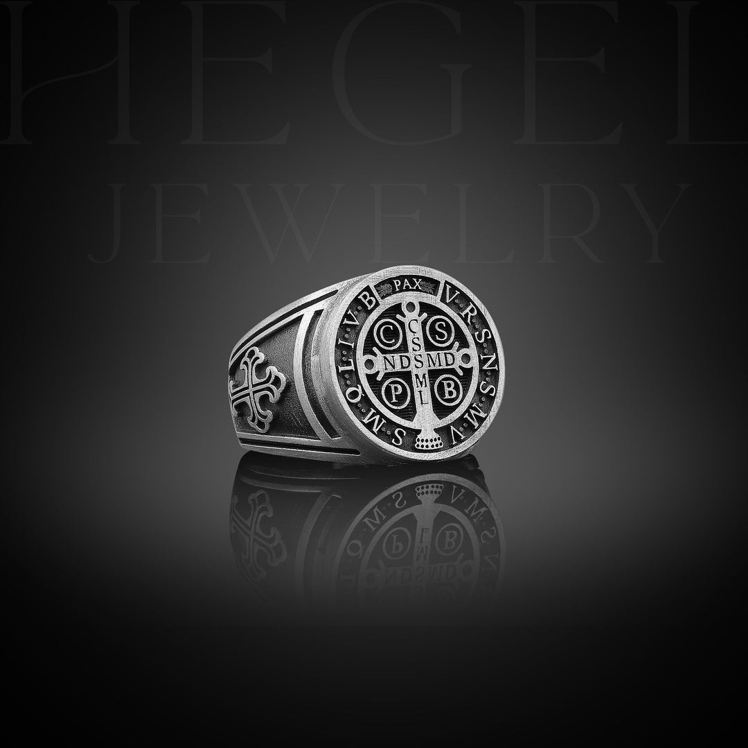 St Benedict Signet Pinky Ring for Men in Sterling Silver, Antique Faith ...