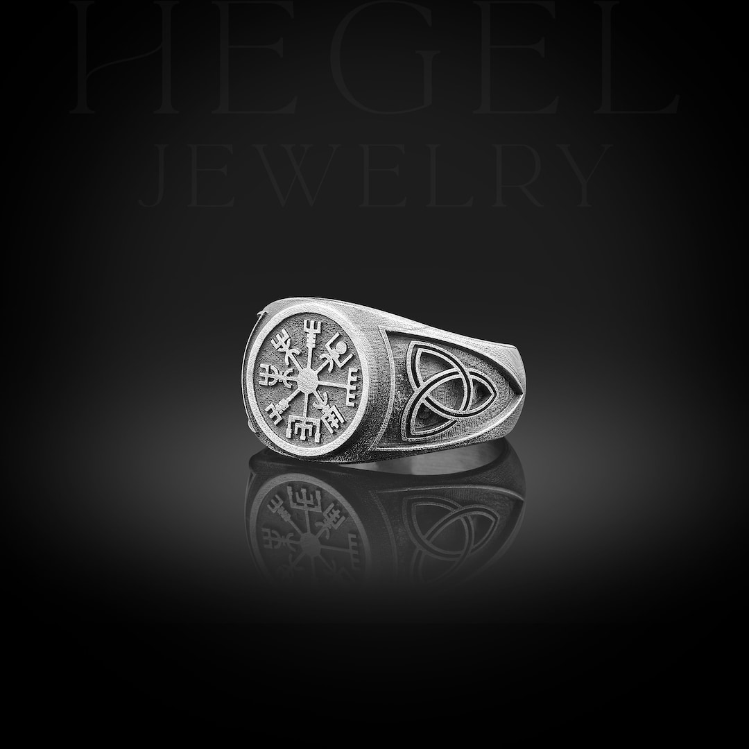 Handmade Sterling Silver Vegvisir Signet Ring, Viking Trinity Knot ...