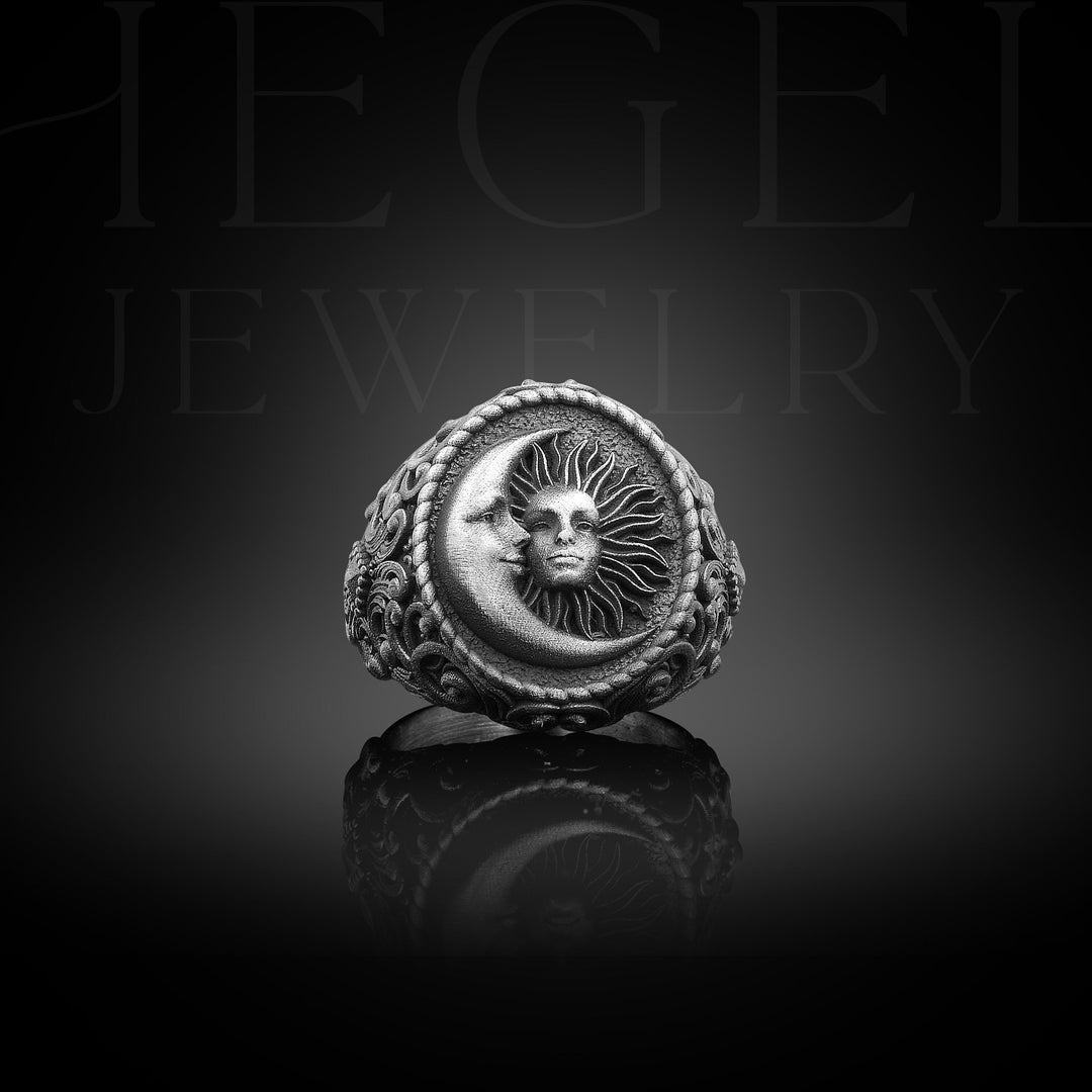 Silver Sun Moon Ring, Mens Crescent Moon Ring, 925k Sterling Sun Moon ...