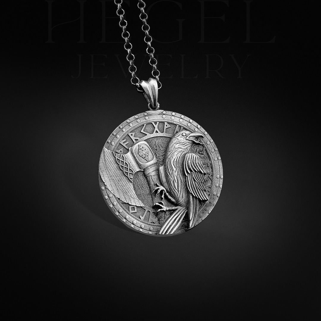 Viking Medallion Necklace With Raven and Axe, Sterling Silver Norse ...