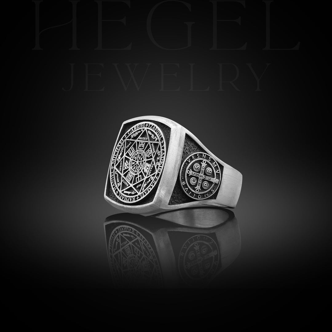 Seal of King Solomon Silver Ring, Saint Benedict Medal Ring 925k ...