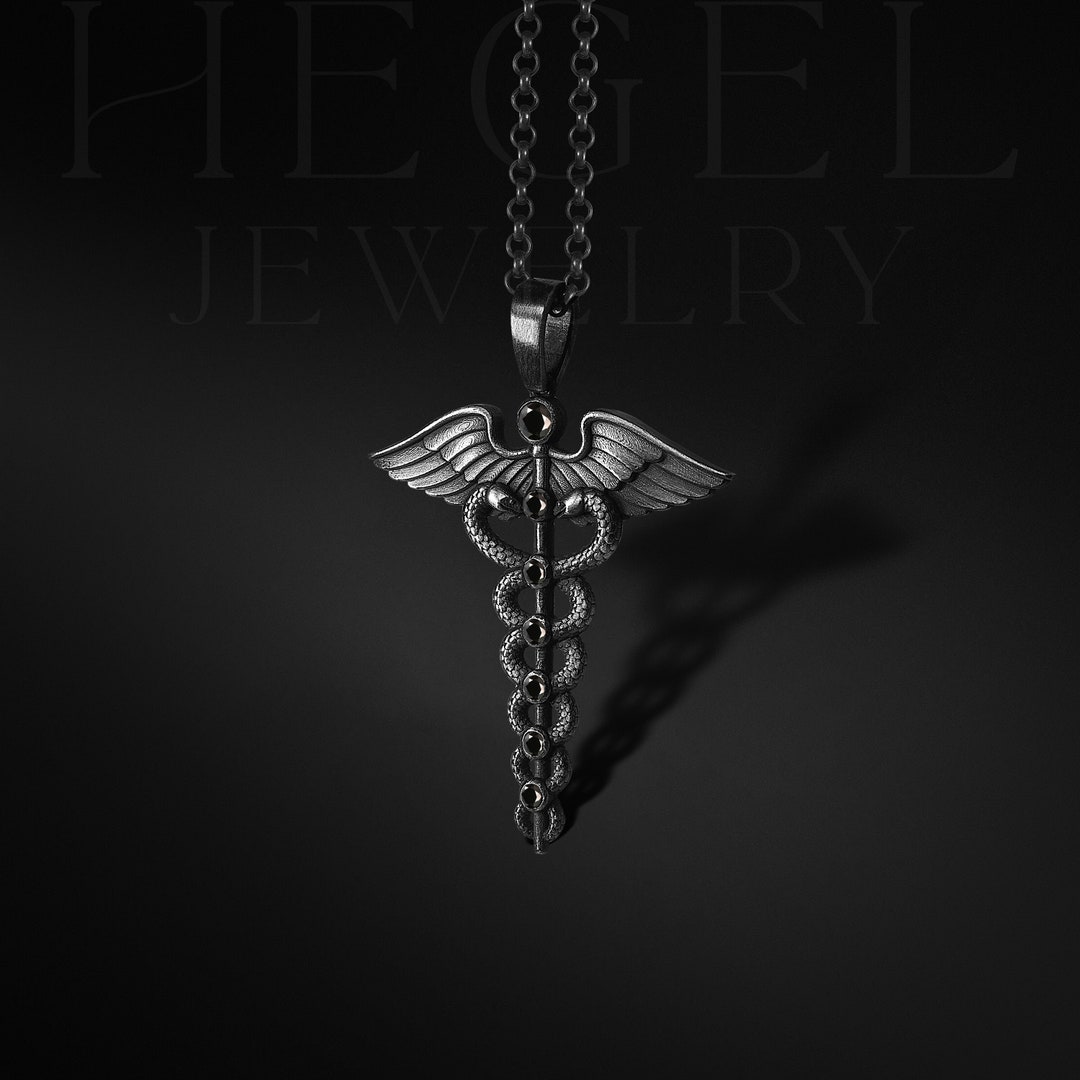 Caduceus Necklace Silver, Medical Symbol Necklace, Staff of Hermes ...