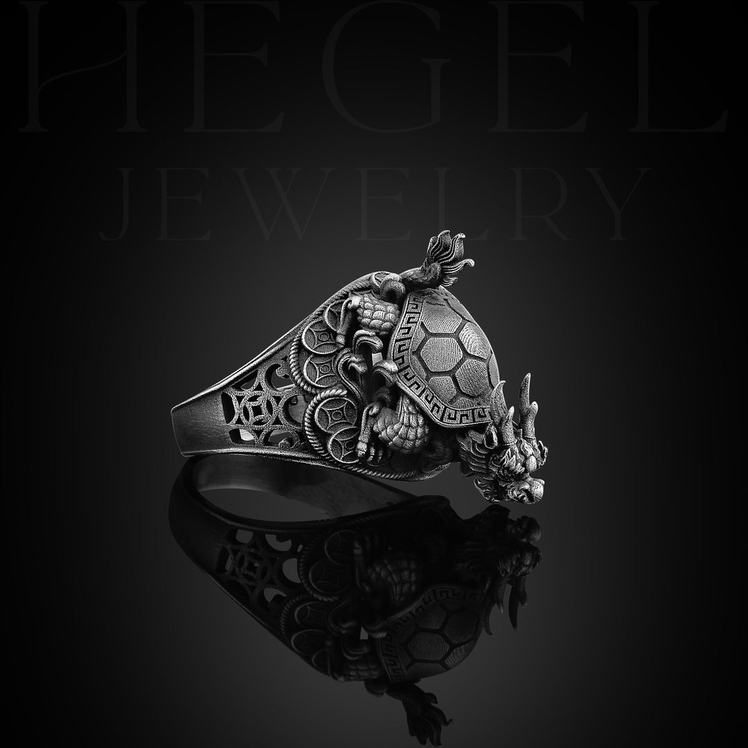 Silver Dragon Turtle Ring Chinese Unique Rings for Men Silver Signet ...