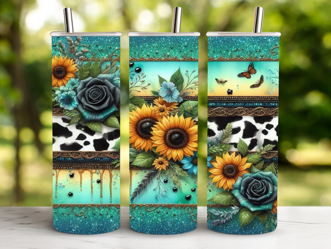 Sunflower Cow Print 20oz Skinny Tumbler Wrap, Sublimation Design ...