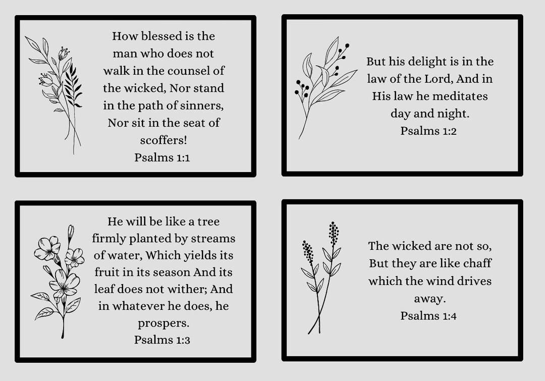 Psalm 1 Scripture Memory Verse Cards With Simple and Cute Florals Black ...
