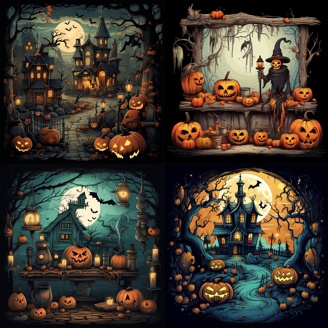 Halloween Scenes Set - Halloween Digital Art - Halloween Wall Art Set ...