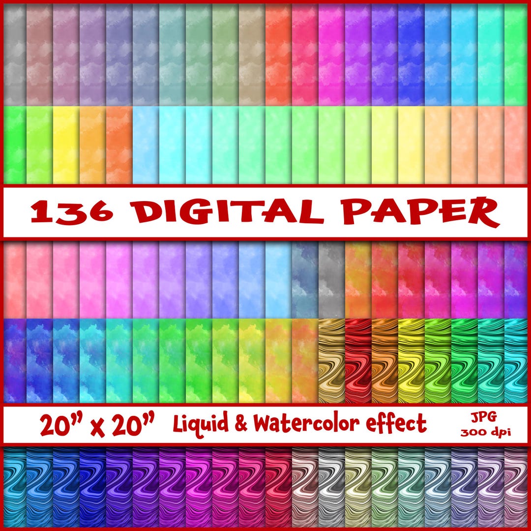 136 Digital Paper Bundle With Watercolor & Liquid Effect, Printable ...