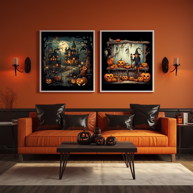Halloween Scenes Set - Halloween Digital Art - Halloween Wall Art Set ...