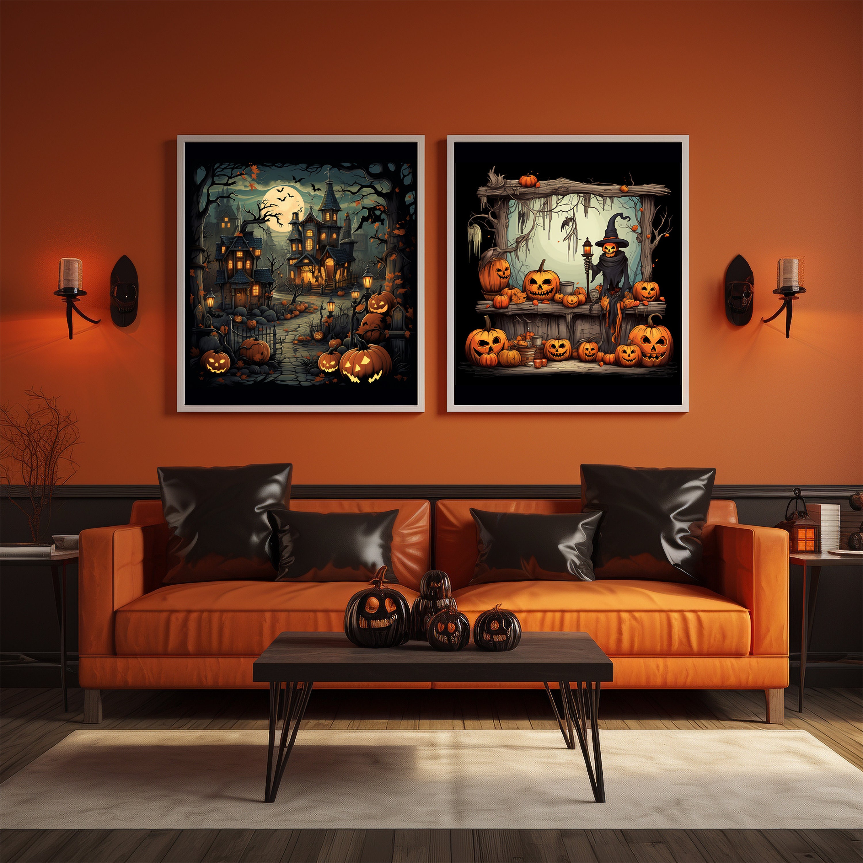 Halloween Scenes Set - Halloween Digital Art - Halloween Wall Art Set ...
