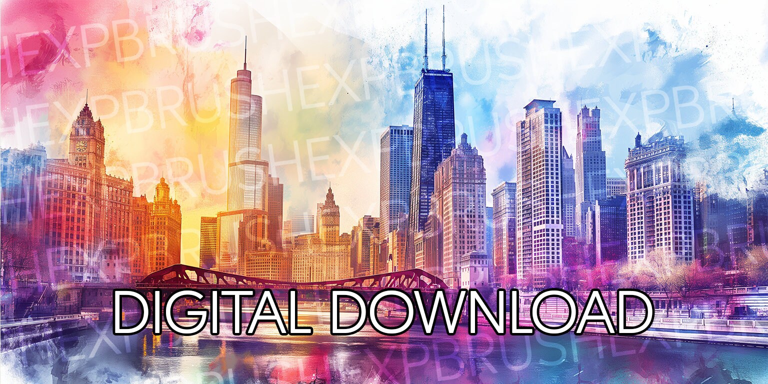 Colorful Chicago River Watercolor Painting Landscape City Art Digital ...