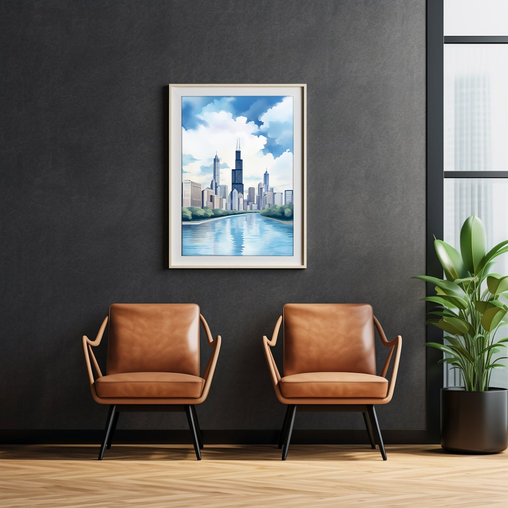 Chicago Willis Tower by the River Wall Art, Sears Tower, Watercolor ...