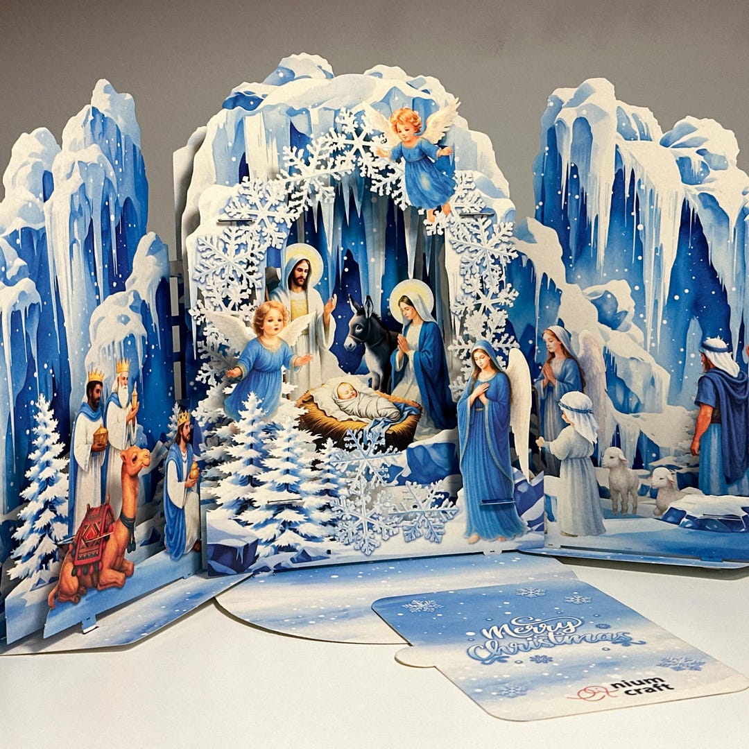 3D Nativity Scene Pop up Christmas Card: Tri-fold Religious Decoration ...
