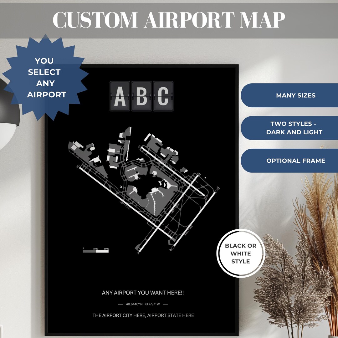 Custom Airport Print Map, ANY AIRPORT, Personalized Aviation Decor ...