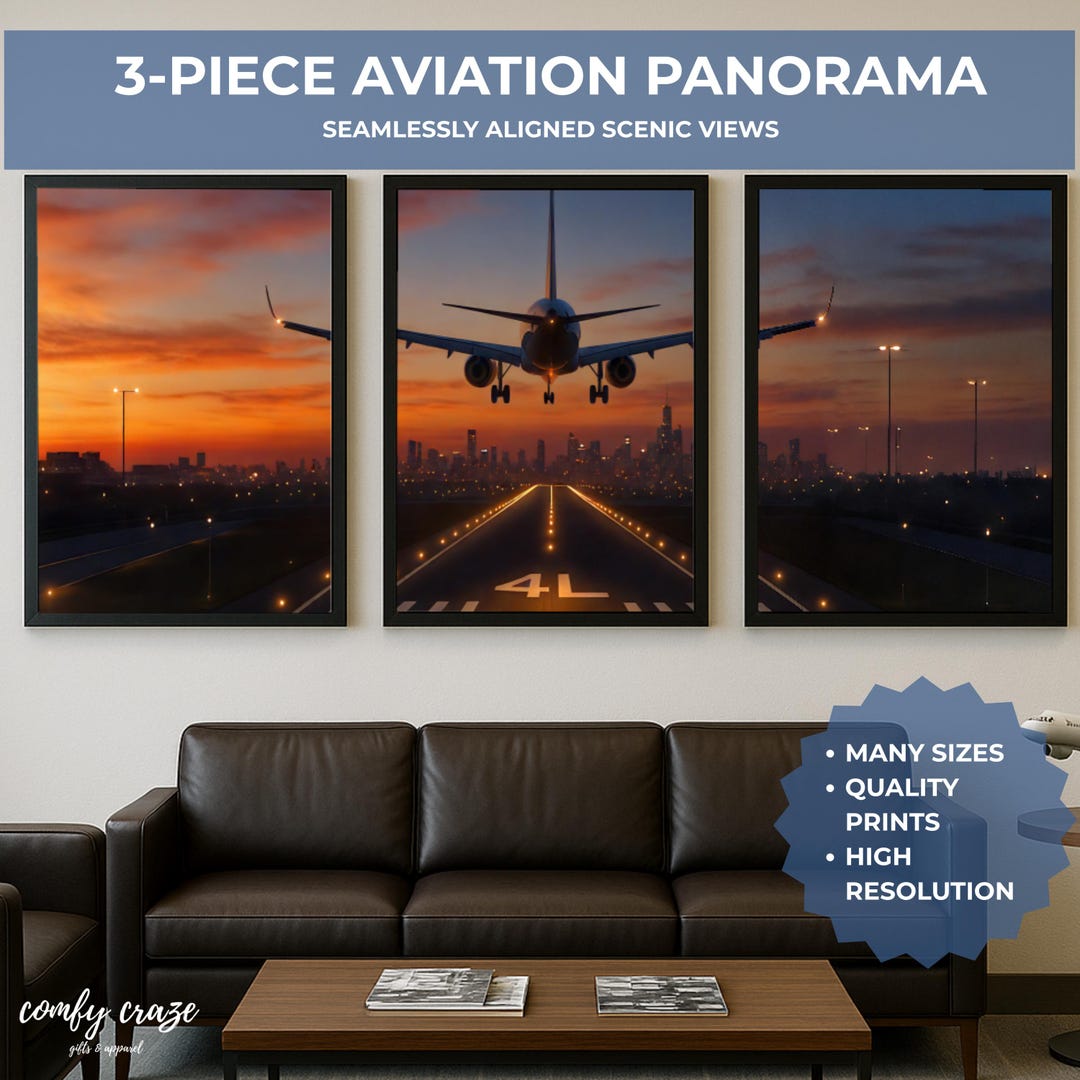 Aviation Wall Art – Panoramic Night Landing Scene With City Skyline ...