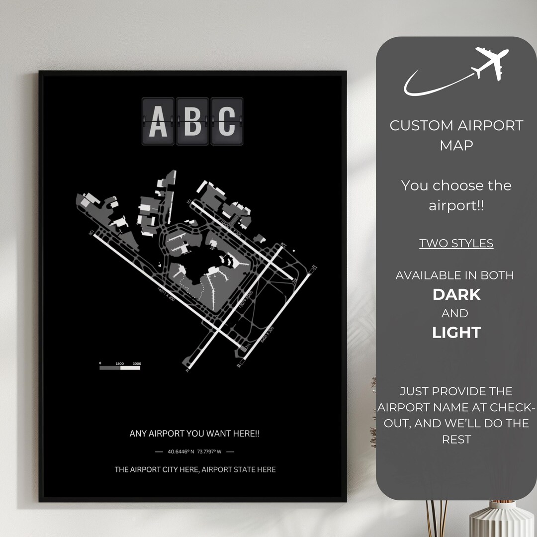 Custom Airport Map Print, ANY AIRPORT, Personalized Aviation Decor ...