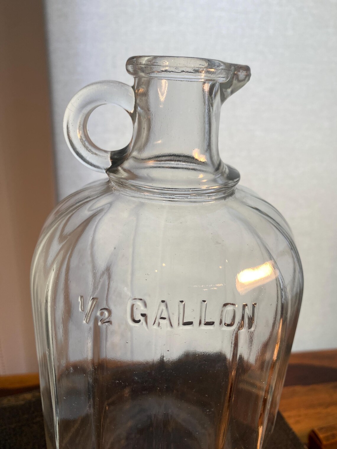 Nice Old 1/2 Gallon Glass Jug With Beveled Sides, Spout, and Finger ...