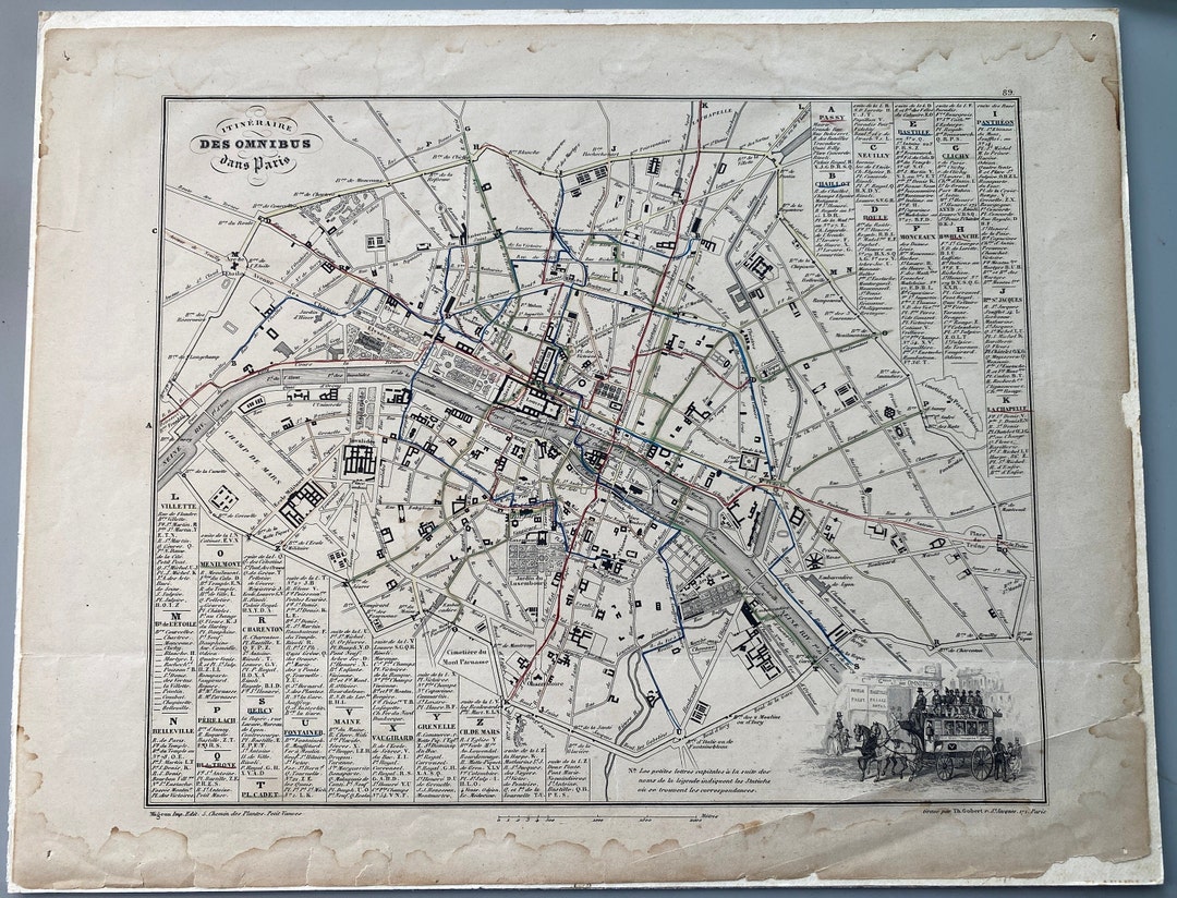 1850's Antique Map of Paris - "des Omnibus" Horse-drawn Carriage Routes ...