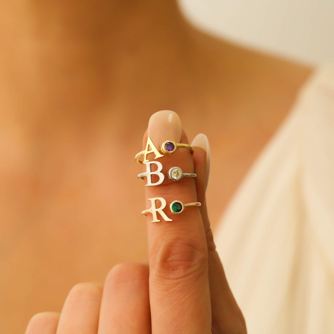 Birthstone Letter Ring, Birthstone Ring, Personalized Birthstone Ring ...