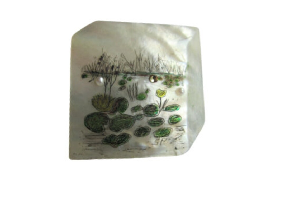 Square Colored Scrimshaw Studio Button Lake Scene WATERLILIES Shoreline ...