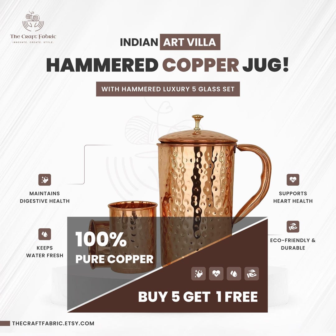 Handmade Copper Jug Set With Glass Tumblers: Ayurveda Serveware - Etsy