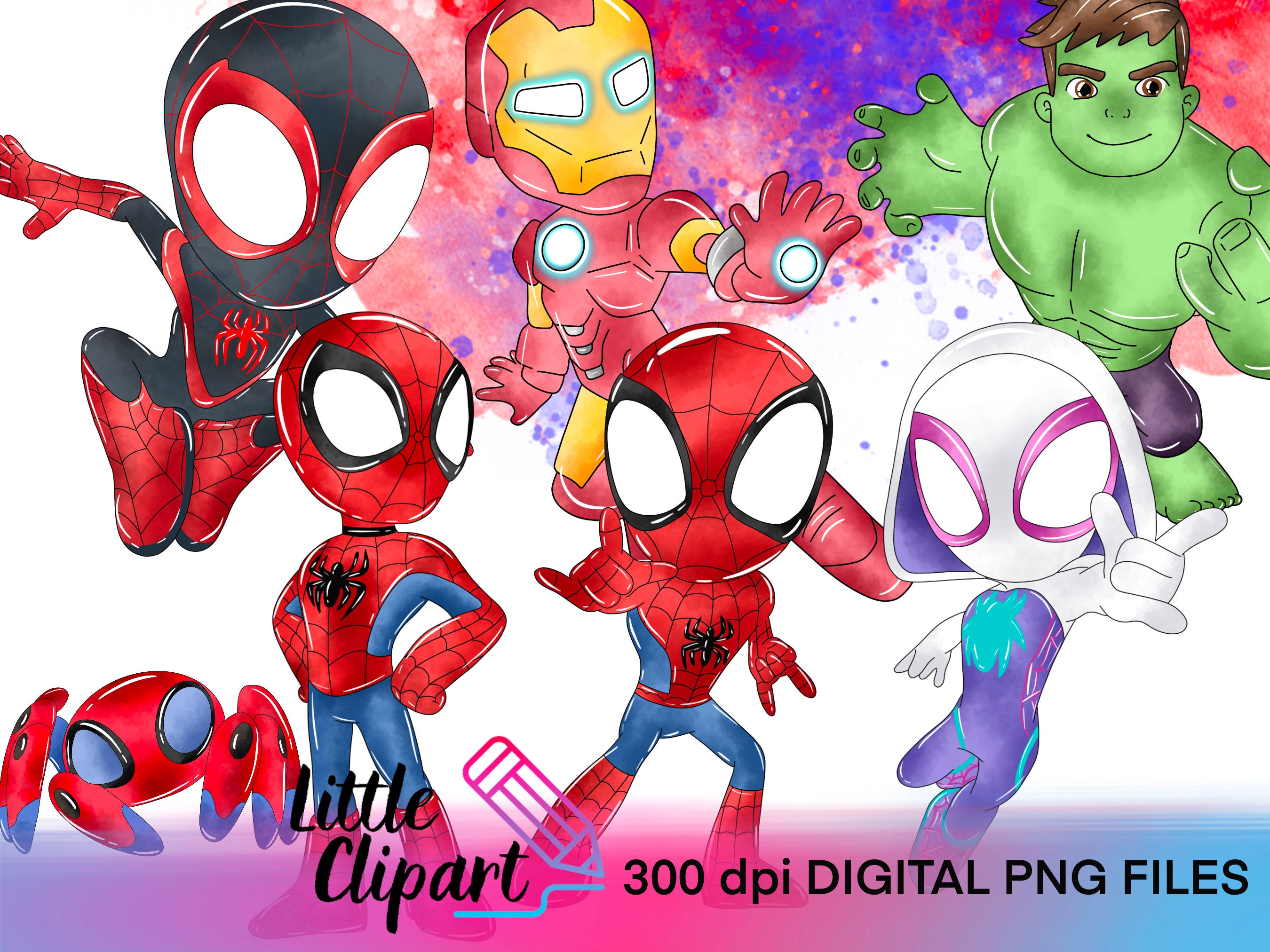 DIGITAL DOWNLOAD Watercolor Spiderboy and Friends , X7 Clipart , X 2 ...