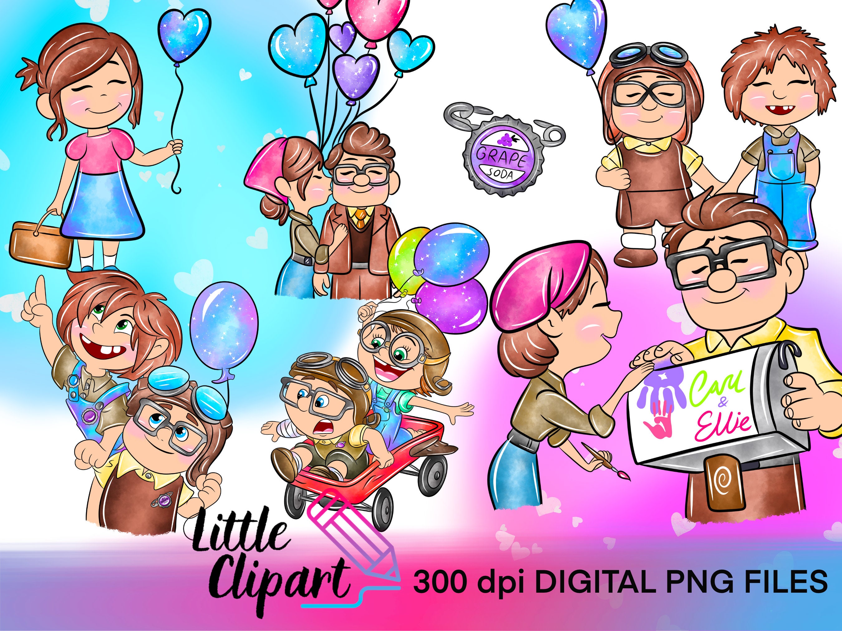 DIGITAL DOWNLOAD , Watercolor up Ellie and Carl , Cute Ellie and Carl ...