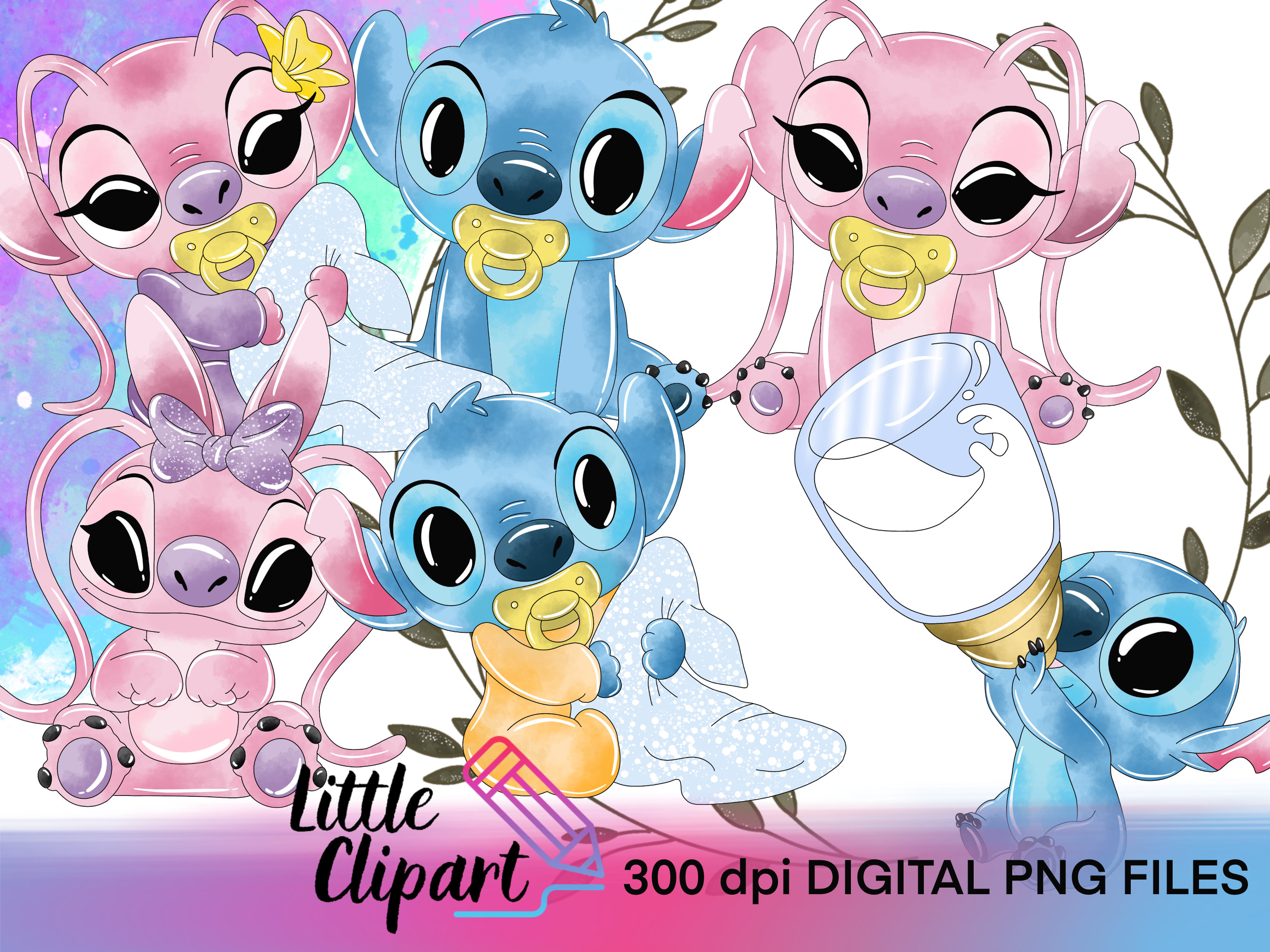 DIGITAL DOWNLOAD Watercolor Baby Shower Stitch and Angel , 6 Png ...