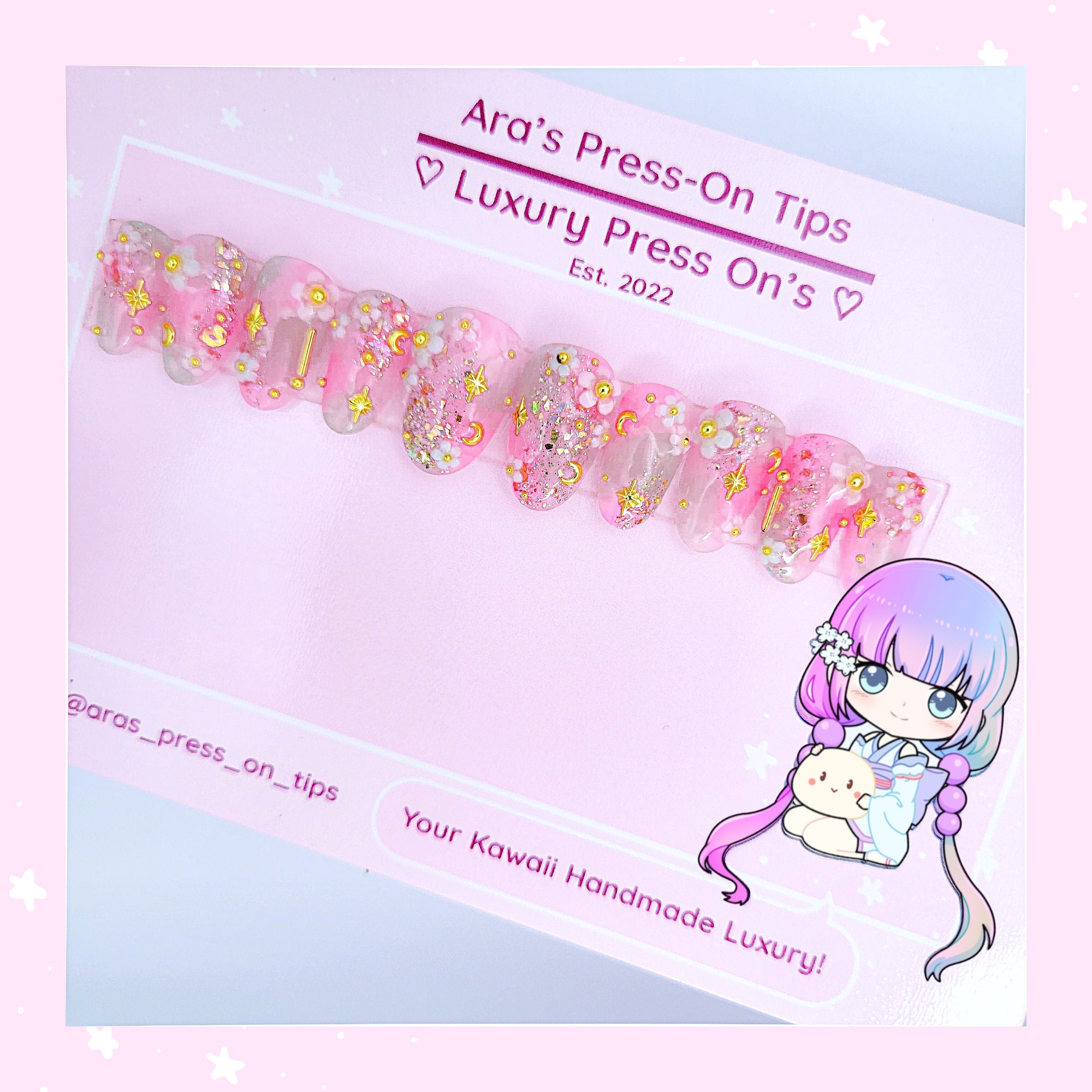 Chibi Kawaii Floral Rainbow Sherbet Luxury Press On Nails Chibi Kawaii