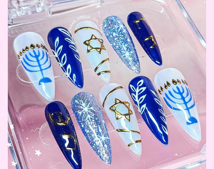 Luxury Press on Nails || "happy Hanukkah" | Hanukkah Holiday Nails ...