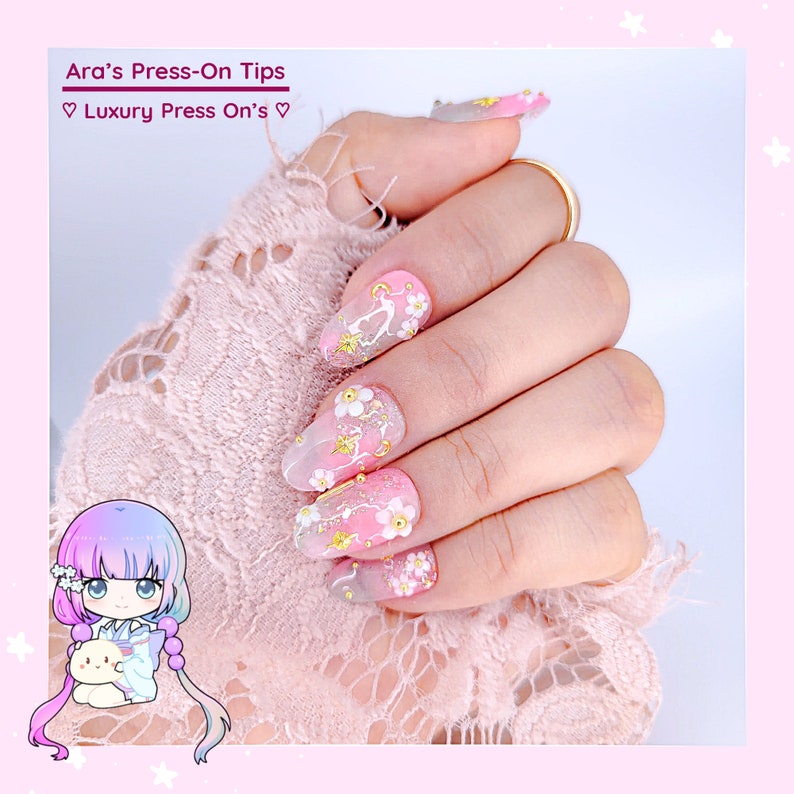 Chibi Kawaii Floral Rainbow Sherbet Luxury Press On Nails Chibi Kawaii