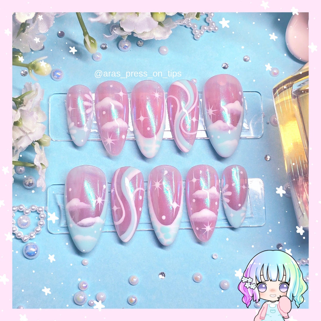 Luxury Press on Nails || Dreamy Kawaii "baby Blue Skies" | Dreamcore ...