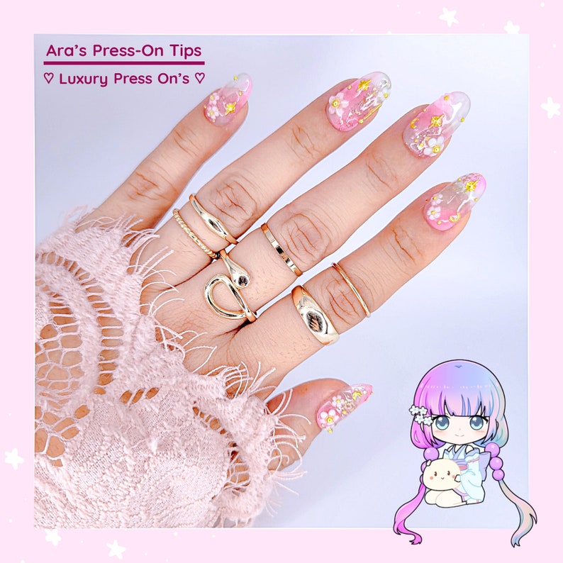 Chibi Kawaii Floral Rainbow Sherbet Luxury Press On Nails Chibi Kawaii