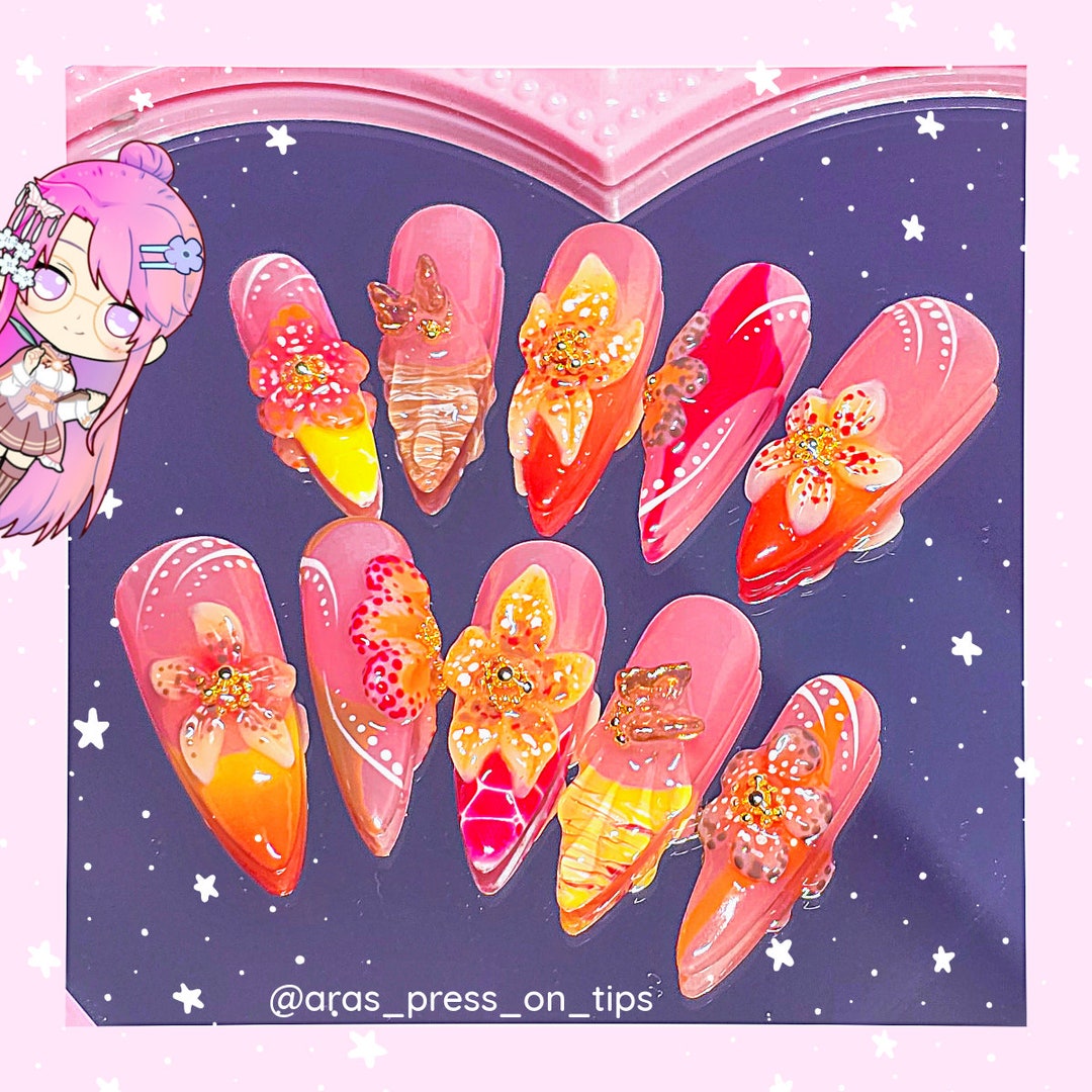 Luxury Press on Nails || Faye Kawaii "fall Flowers" | Fall Autumn Nails ...