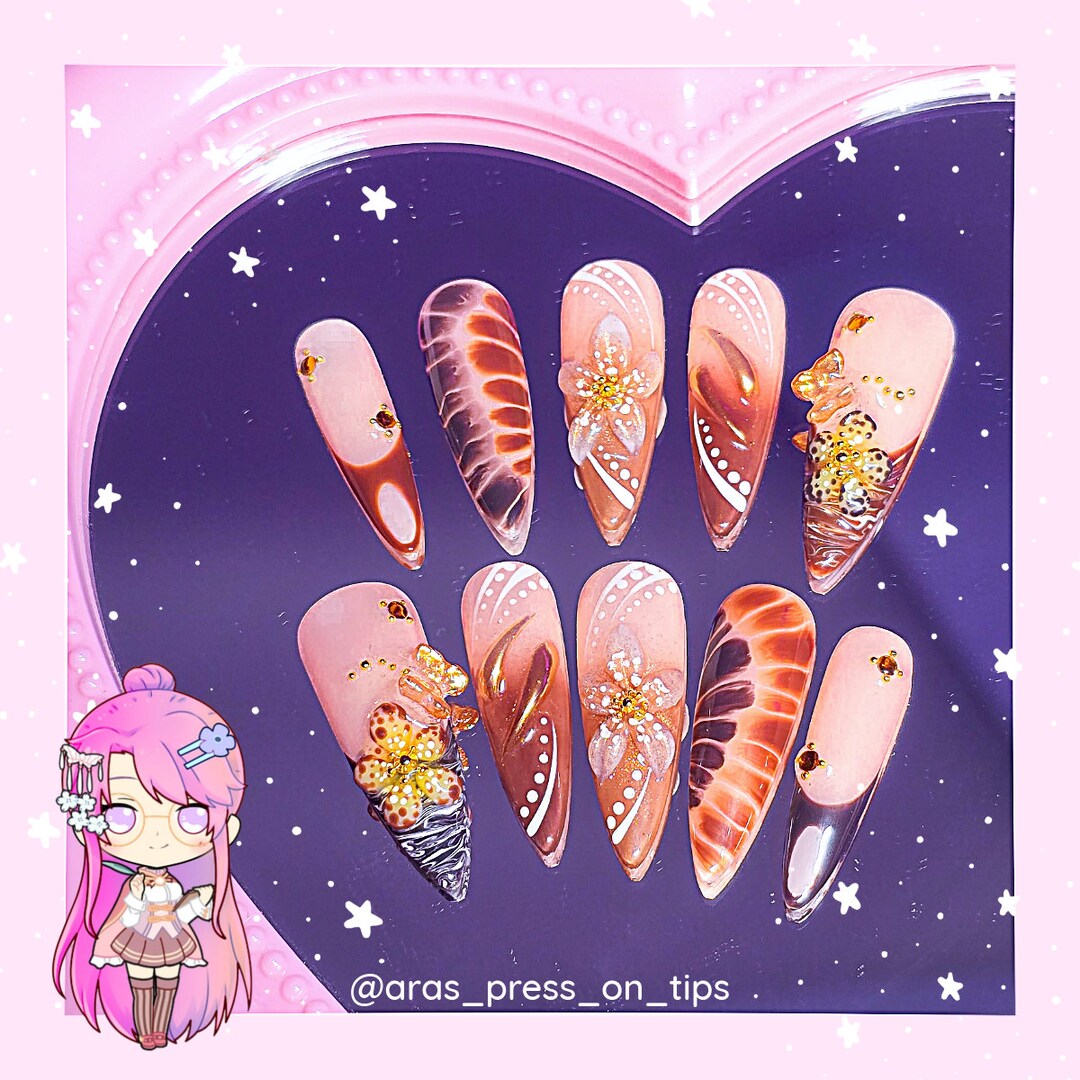 Luxury Press on Nails || Faye Kawaii "chocolate Garden" | Brown Nails ...