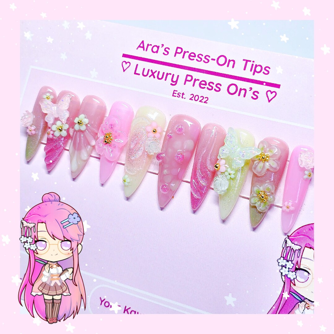 Luxury Press on Nails || Faye Kawaii " Pink & Green Butterflies ...