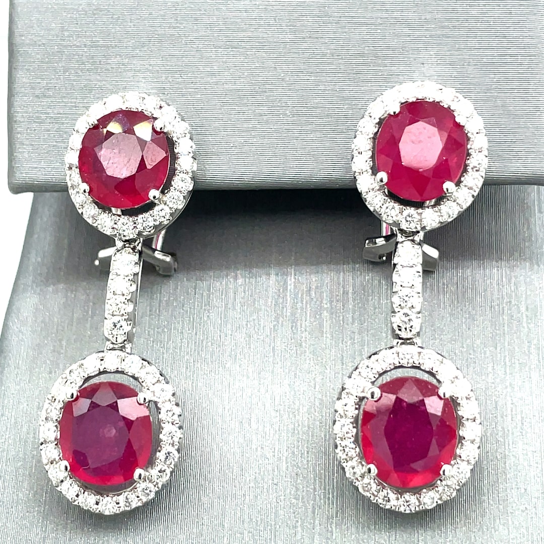 18KW Diamonds and Ruby Dangling Earrings Pair - Etsy