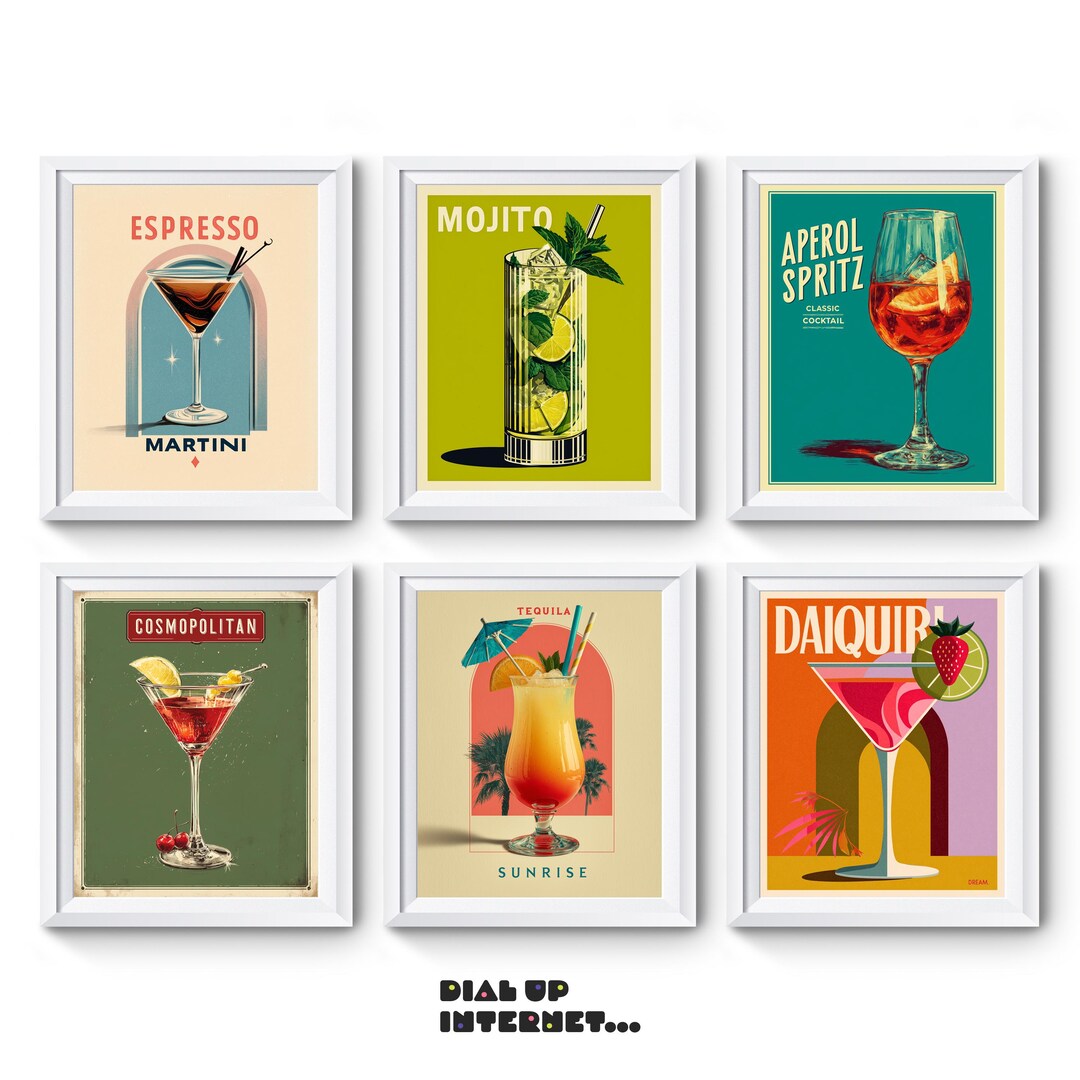 Printable Cocktail Wall Art Set of 6, Vintage Bar Decor, Mid-century ...
