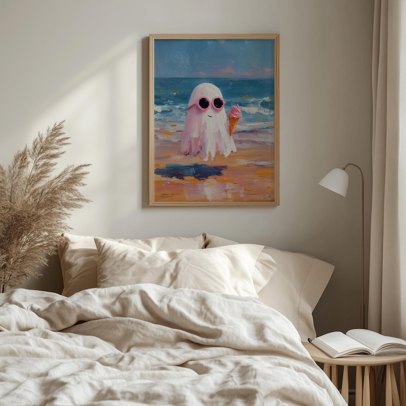 Summerween Chibi Ghost at Beach - Cute Printable Wall Art, Fun Pink ...