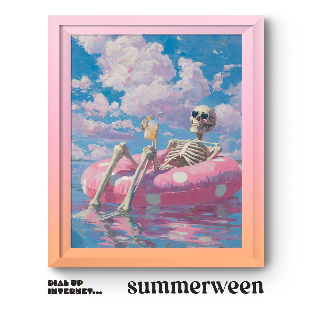 Summerween Skeleton in Pool With Sunglasses - Vintage Summer Art Print ...
