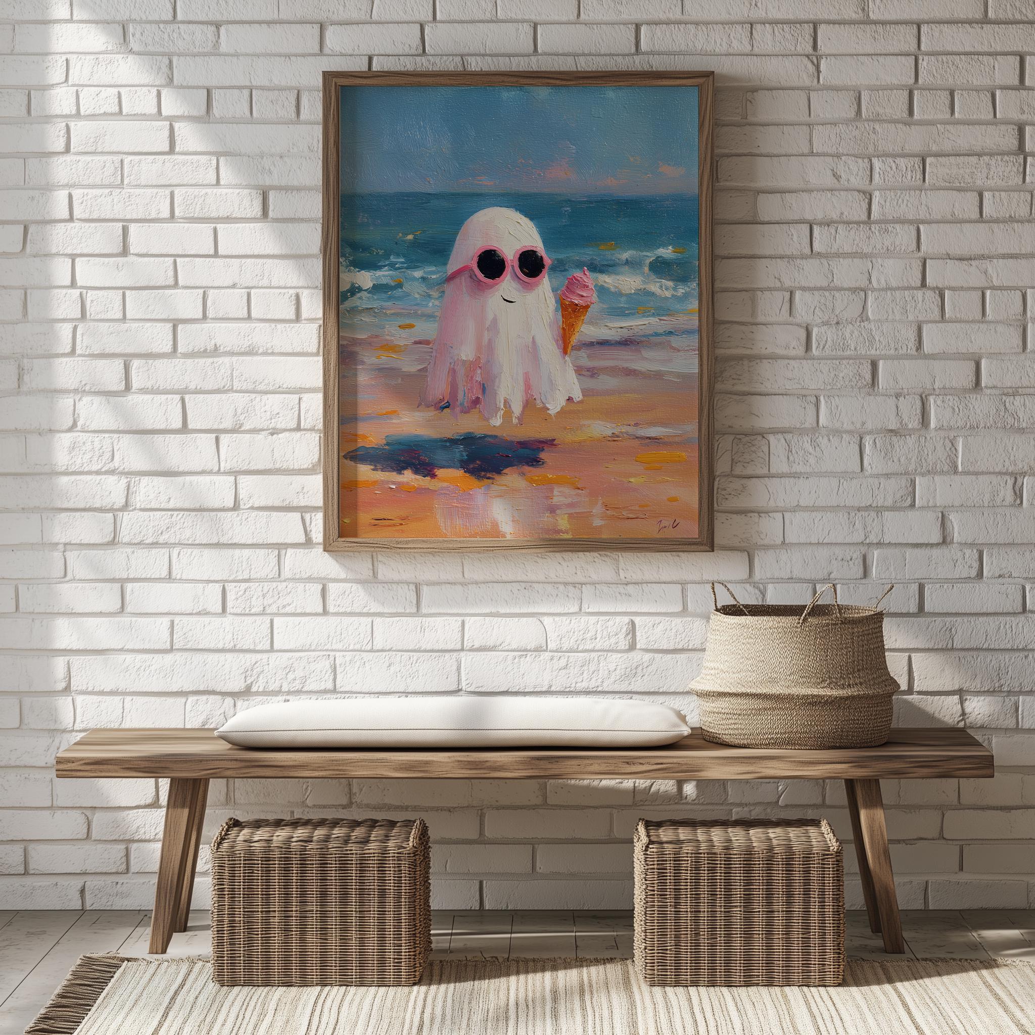 Summerween Chibi Ghost at Beach - Cute Printable Wall Art, Fun Pink ...