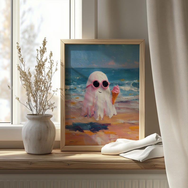 Summerween Chibi Ghost at Beach - Cute Printable Wall Art, Fun Pink ...