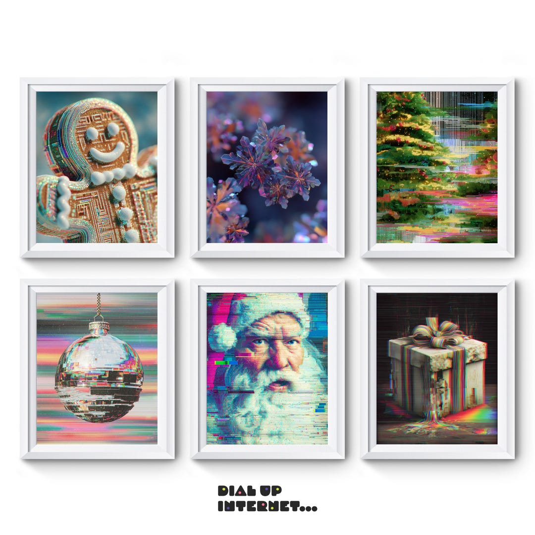 Modern Digital Glitch Christmas Art Set, Gingerbread and Santa With ...