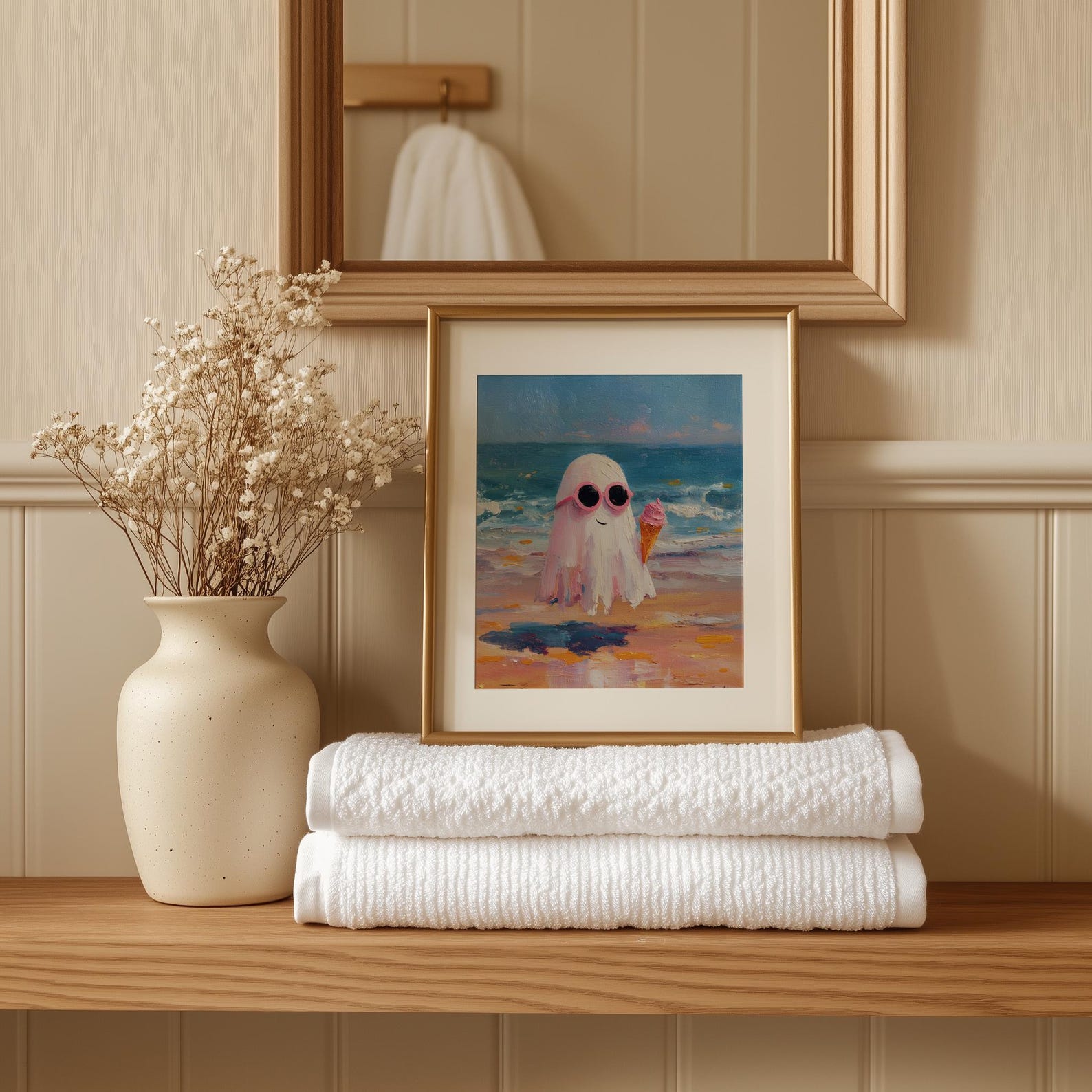 Summerween Chibi Ghost at Beach - Cute Printable Wall Art, Fun Pink ...