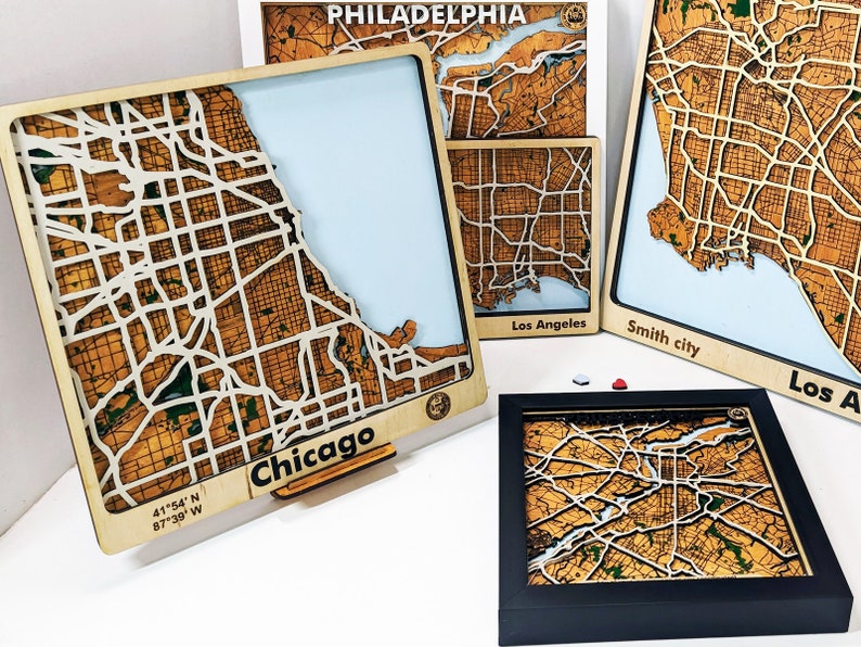 Wooden Map of Chicago - 3D Wall Art - Рersonal Inscription on the Gift ...