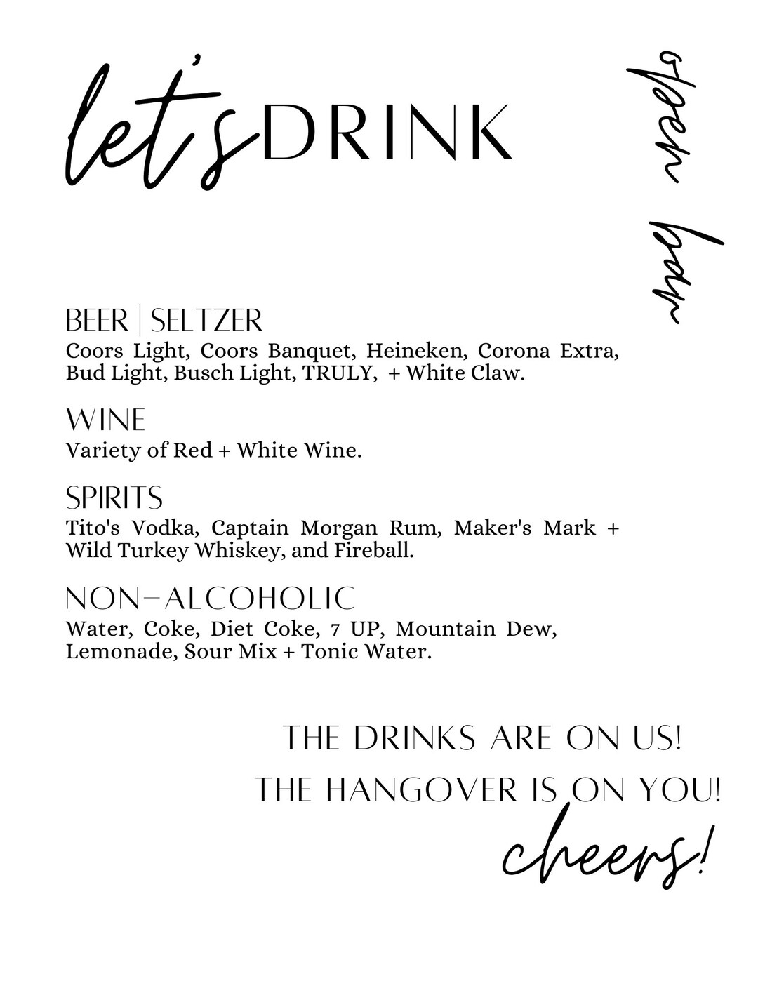 Custom Open Bar List Sign Wedding Bar Menu Open Bar Sign - Etsy