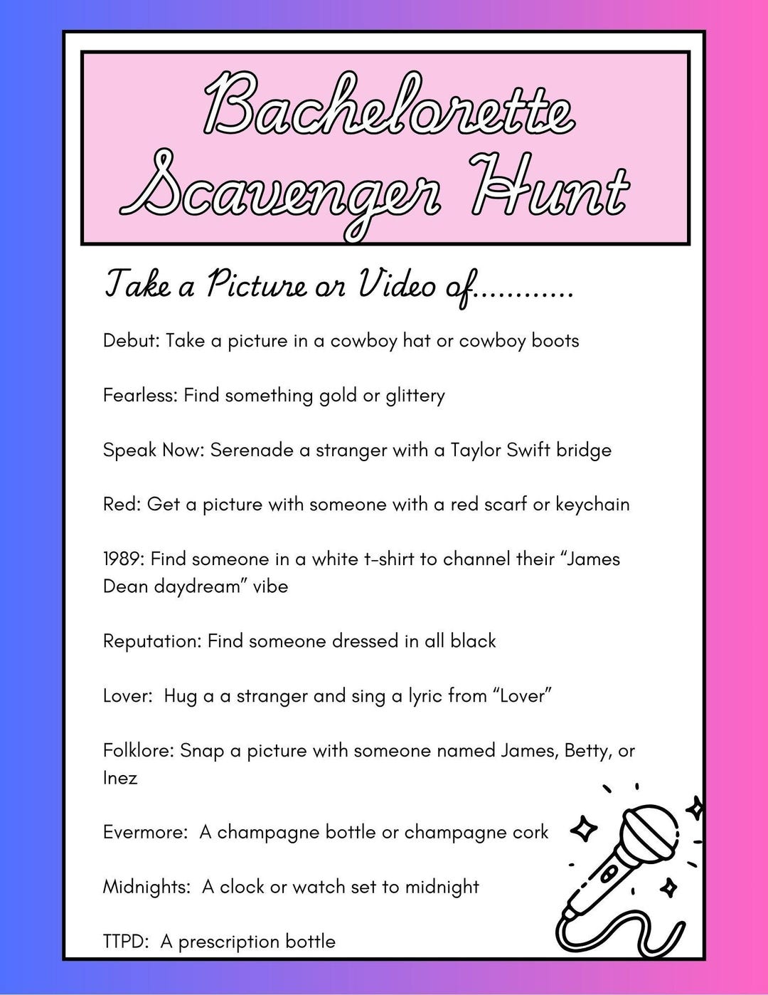 Bachelorette Scavenger Hunt (taylor Swift Themed) - Etsy