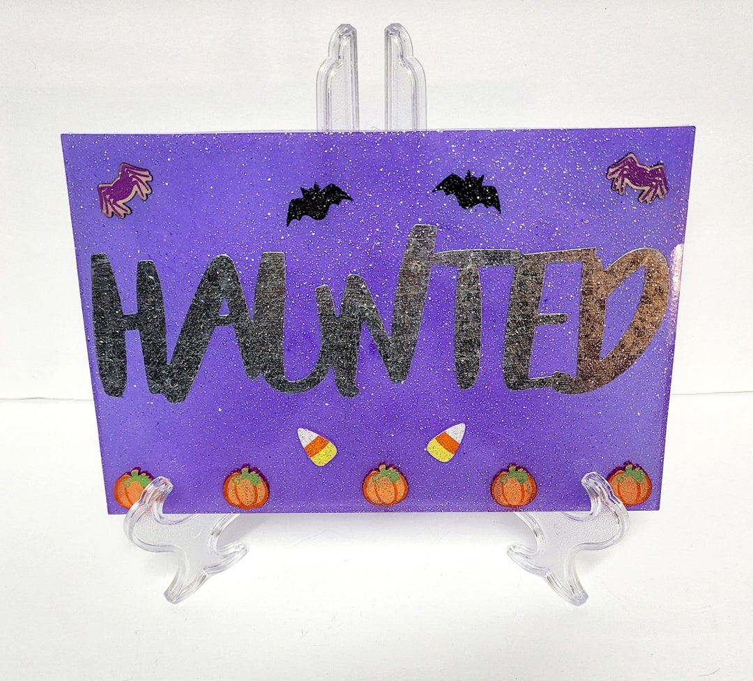Purple Resin Haunted Halloween Plaque With Easel Halloween Art Piece - Etsy